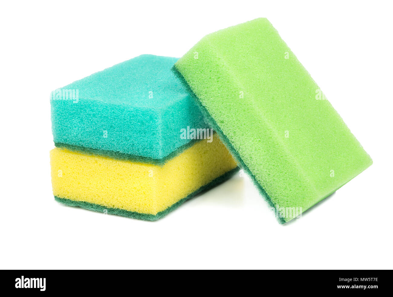 Three colored sponges for washing dishes on white background Stock ...
