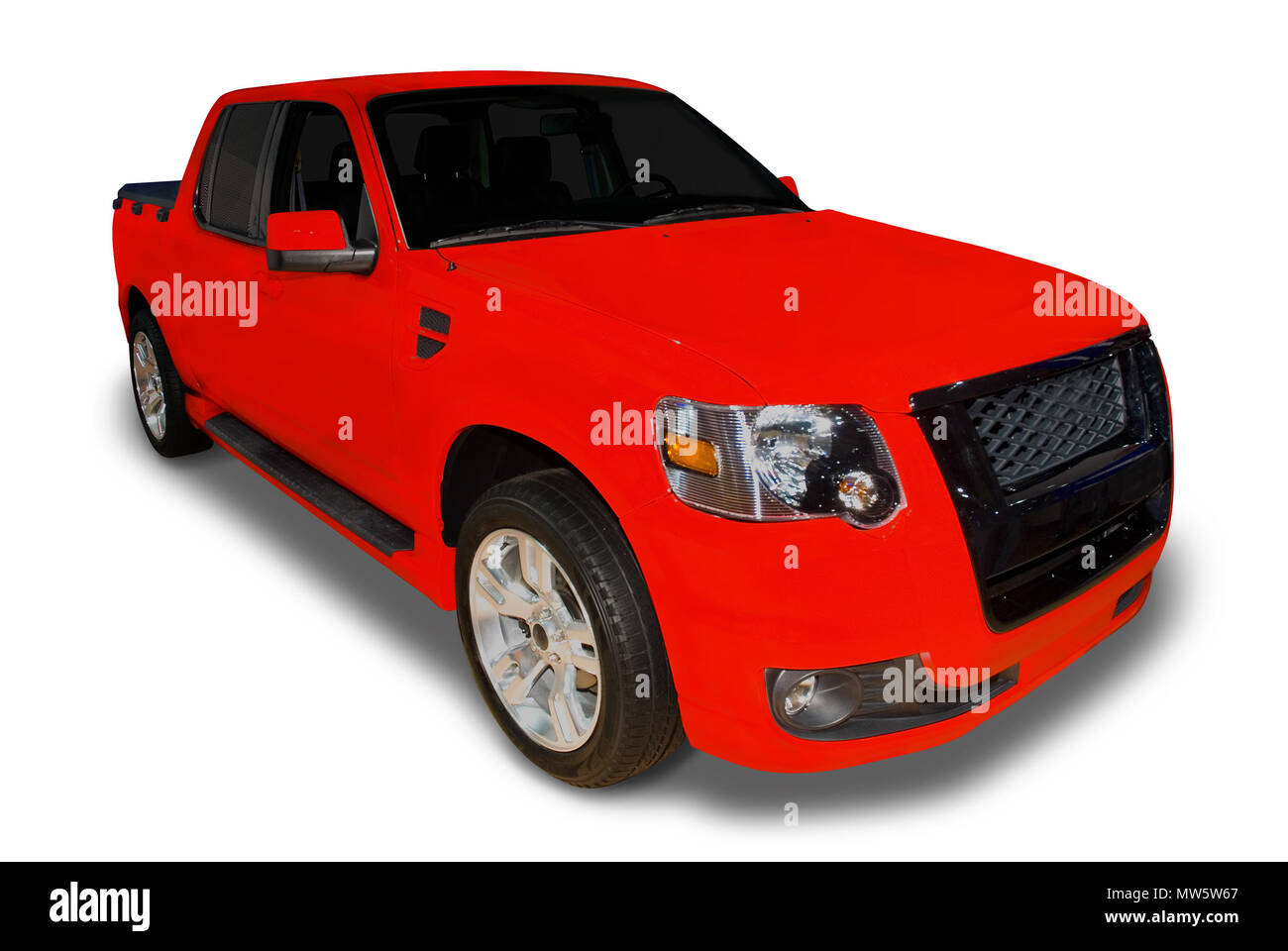 Brand new bright red pick-up truck isolated on a white background. A ...