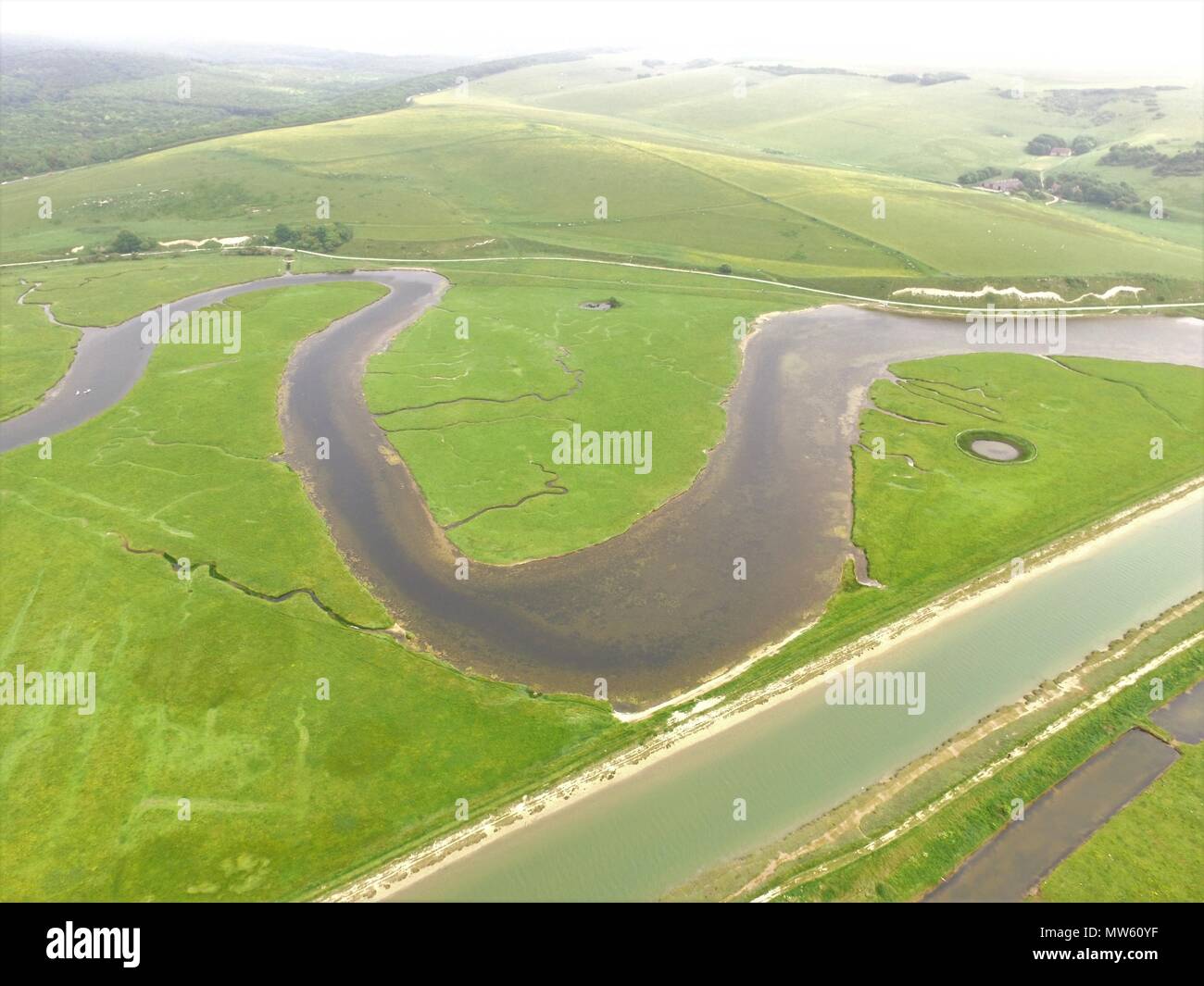 Aerial drone image of the River Cuckmere in East Sussex, England Stock ...
