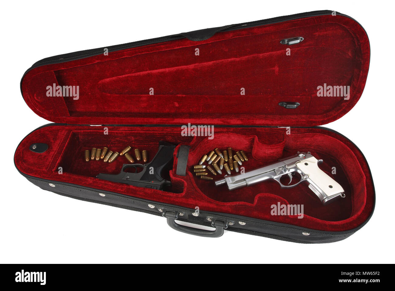 handguns with cartridges in violin case Stock Photo - Alamy