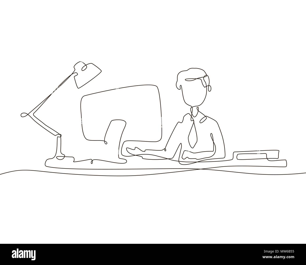 Boy at the computer - one line design style illustration Stock Vector ...