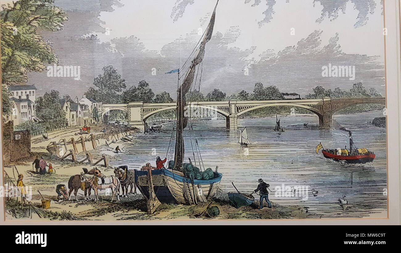 . English: The first Barnes Railway Bridge, c.1849 . Unknown date ...