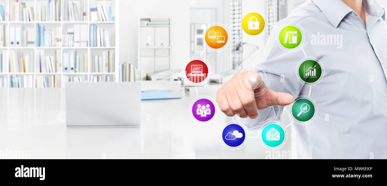 office business work concept, hand touch screen colors icons, web ...