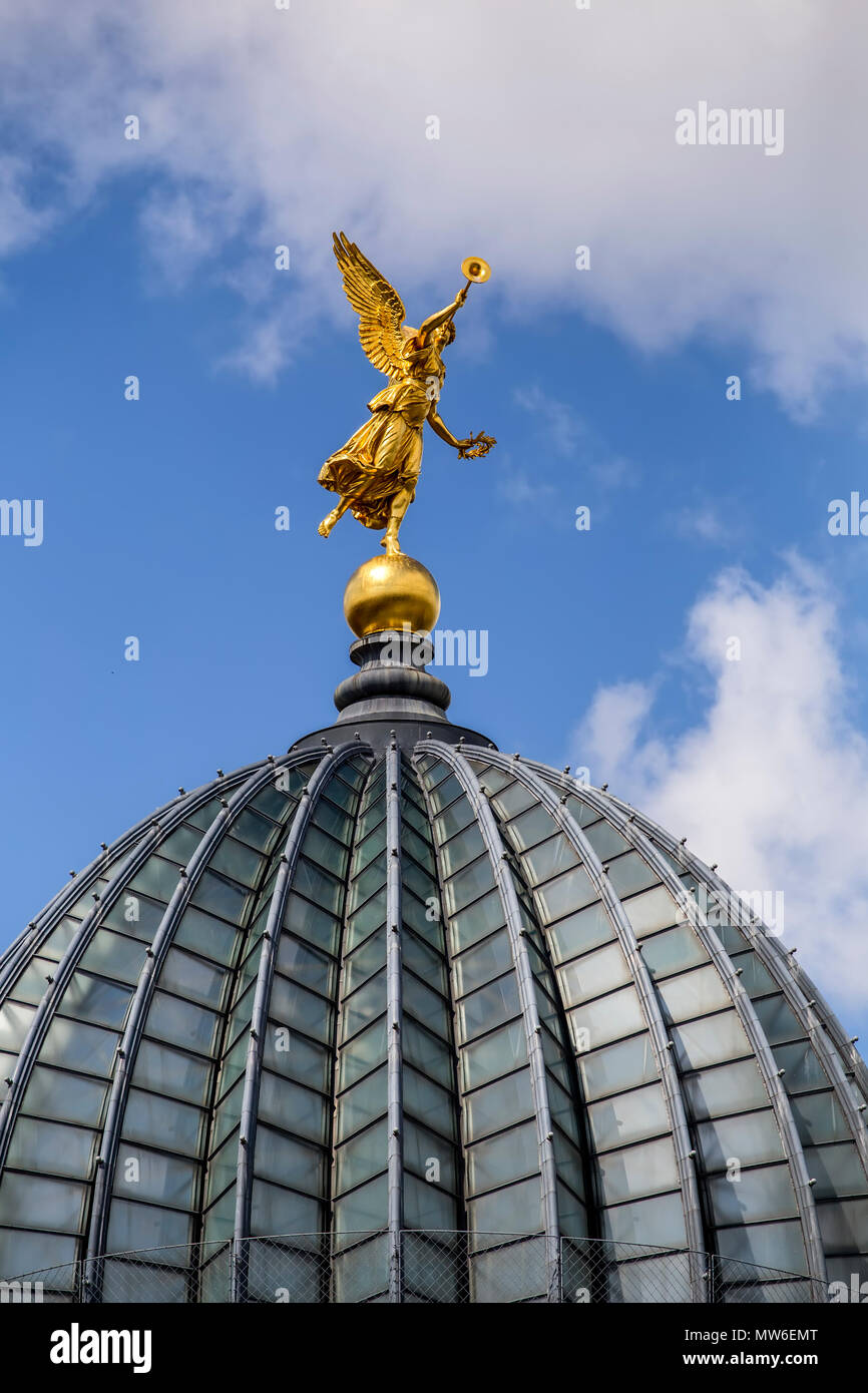 Golden angel on dome of the Academy of Fine Arts in Dresden, Saxony ...
