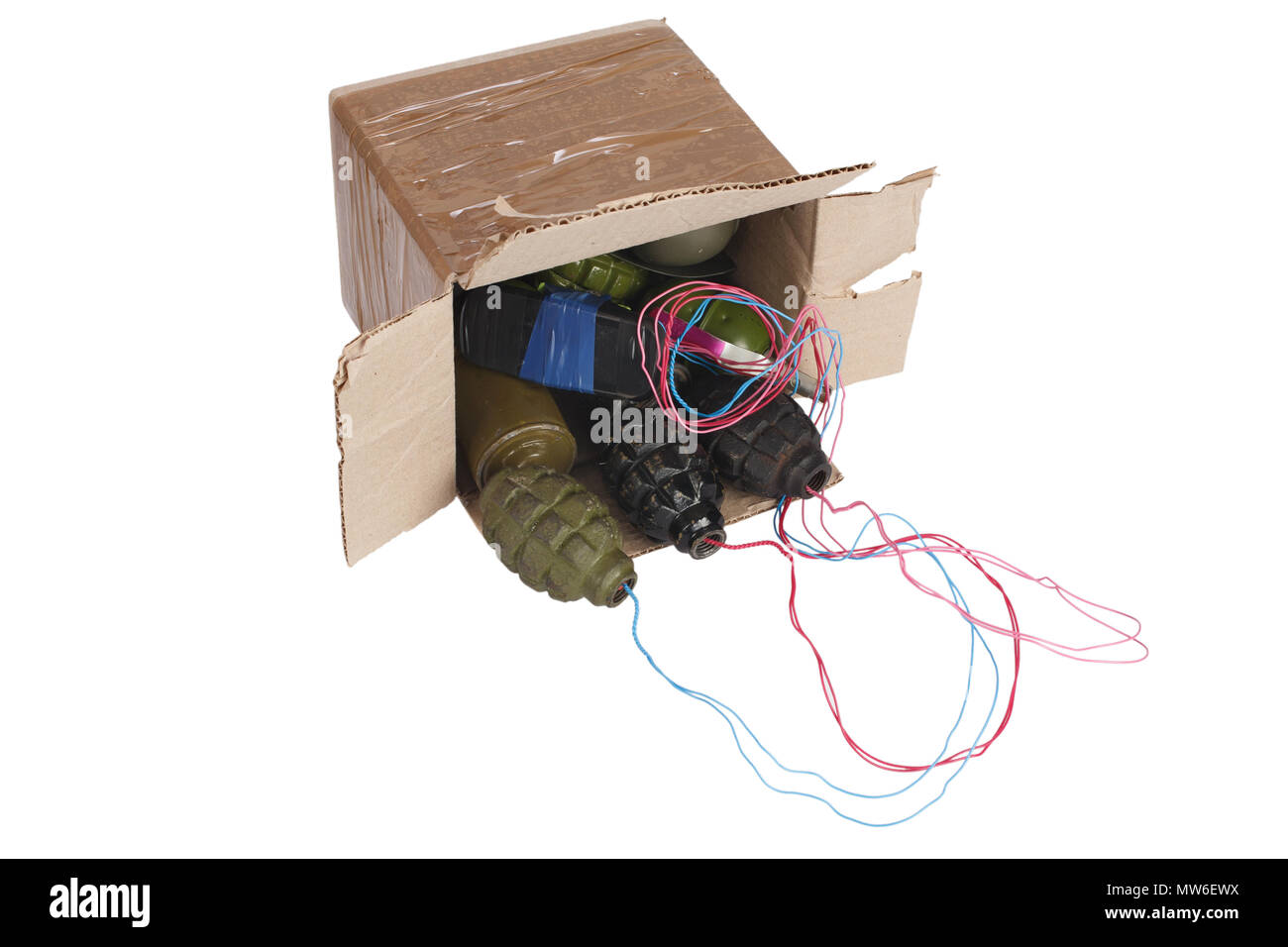 Mailbomb IED - Improvised Explosive Device in mailbox isolated on white ...