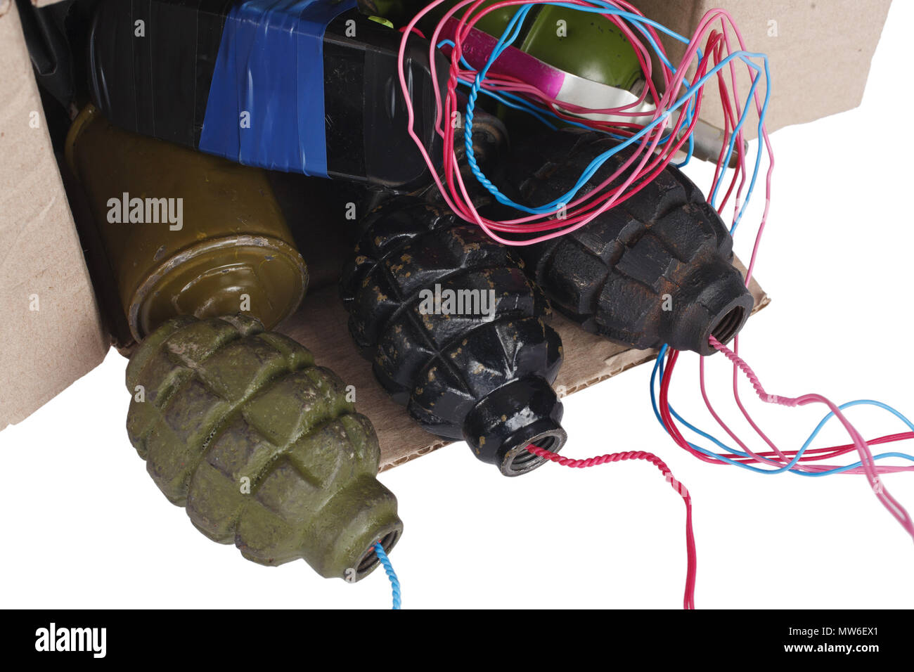 Mailbomb IED - Improvised Explosive Device in mailbox isolated on white ...