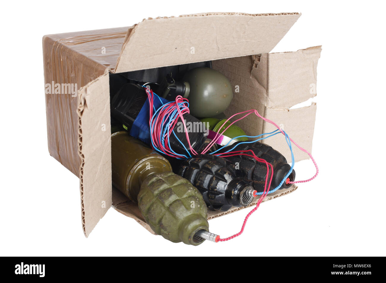 Mailbomb IED - Improvised Explosive Device in mailbox isolated on white ...