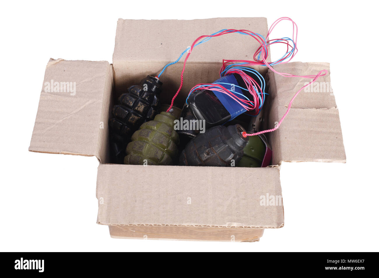 Mailbomb IED - Improvised Explosive Device in mailbox isolated on white ...