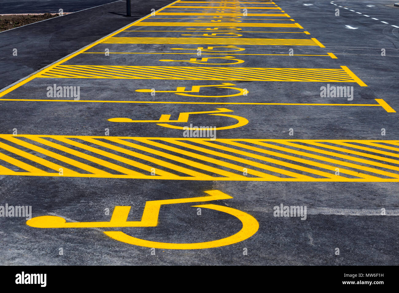 Parking lot with painted yellow sign of wheelchair, parking spaces for ... Parking lot with painted yellow sign of wheelchair, parking spaces for ...