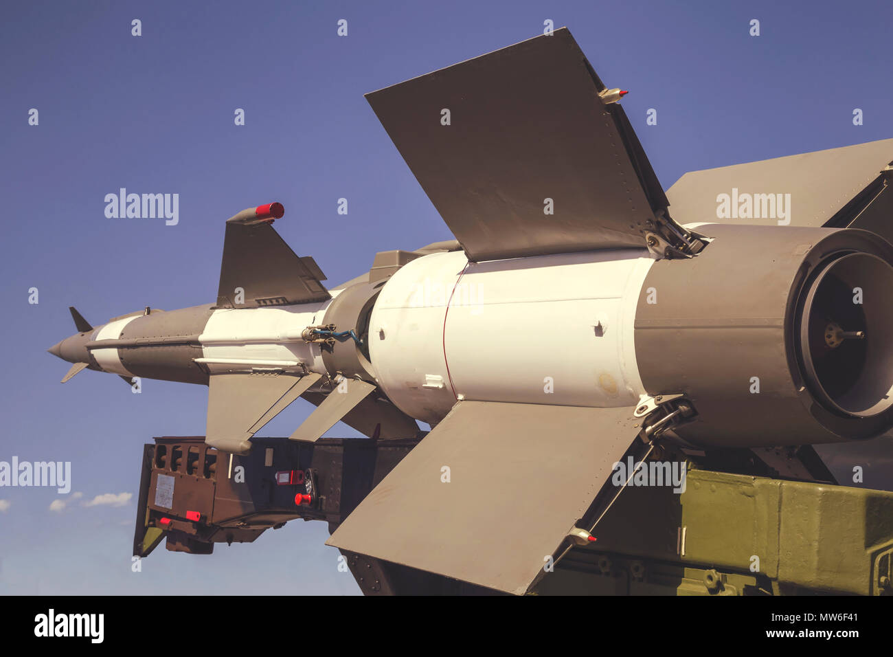 Side view of the air defense missile system on ground launcher, ready ...