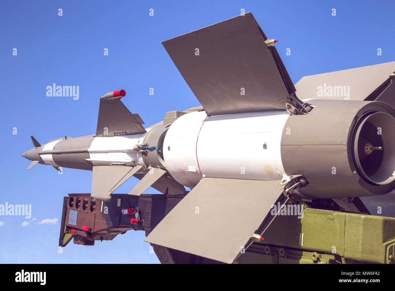 Side view of the air defense missile system on ground launcher, ready ...
