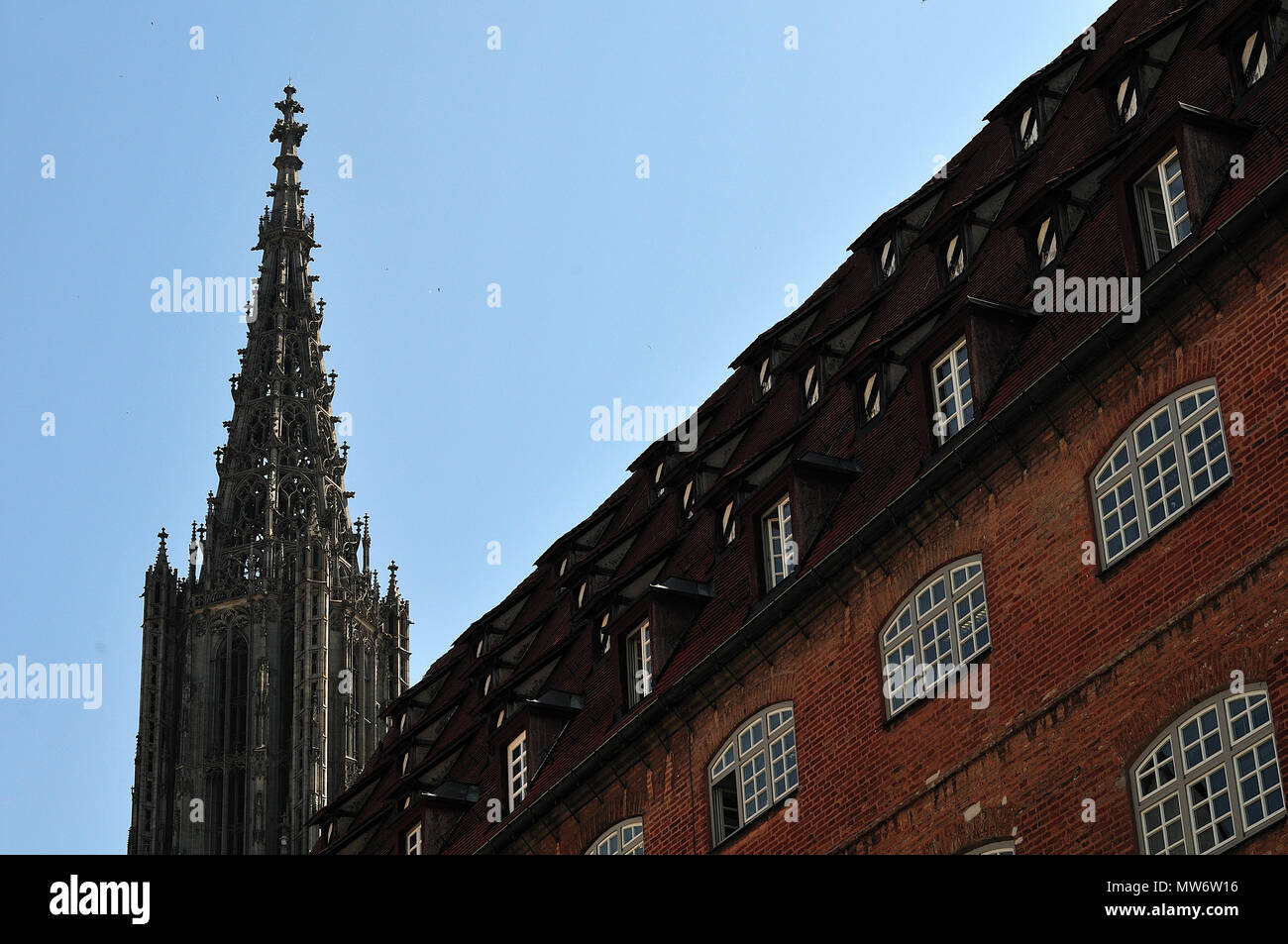 view from old town in Ulm to steeple of the gothic minster with bricks ...