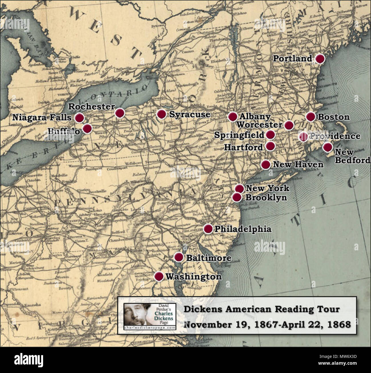 . English: Map of Charles Dickens's American reading tour in 1867-68 ...