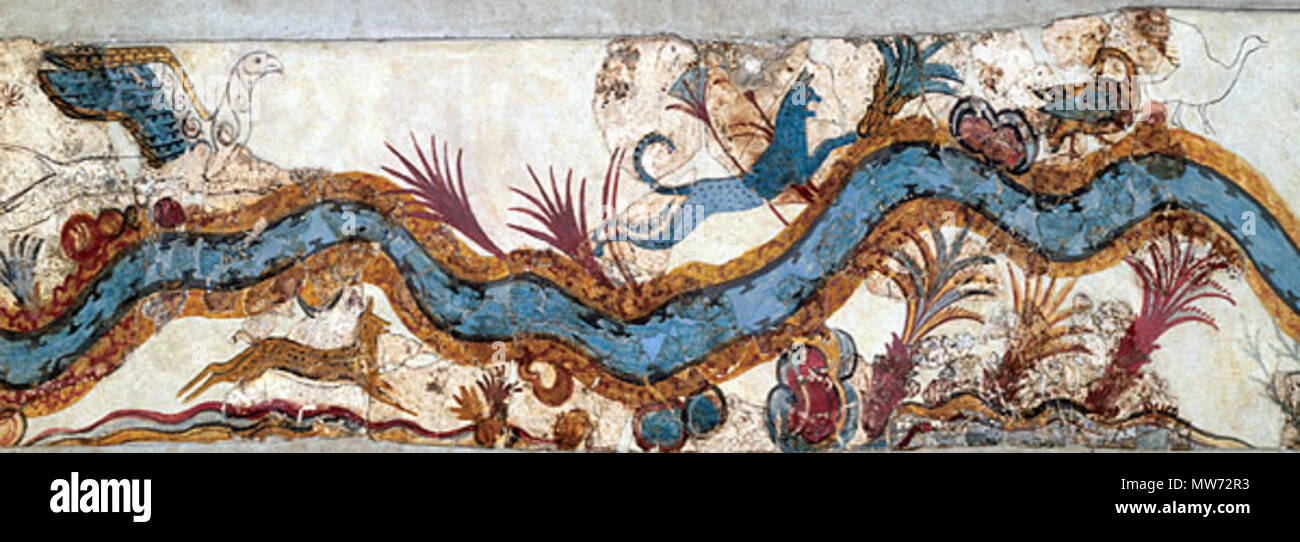 . Fresco of a landscape with river from the bronze age excavations of ...
