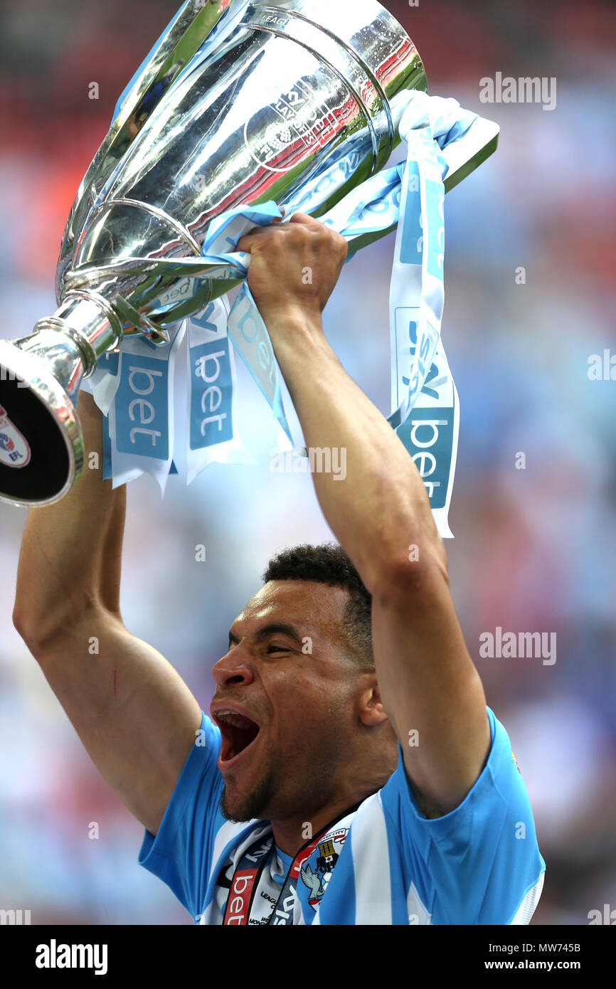 Coventry City's Maxime Biamou celebrates with the trophy after the Sky ...
