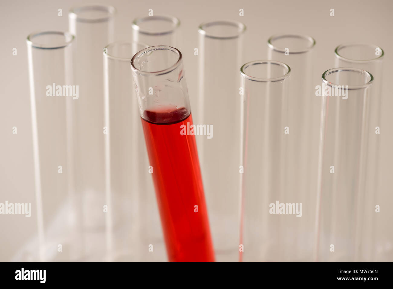 Closeup shot with row of long test tubes with red liquid Stock Photo ...