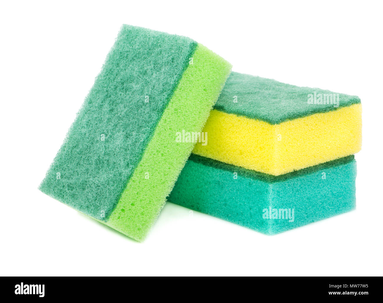 Three colored sponges for washing dishes on white background Stock ...