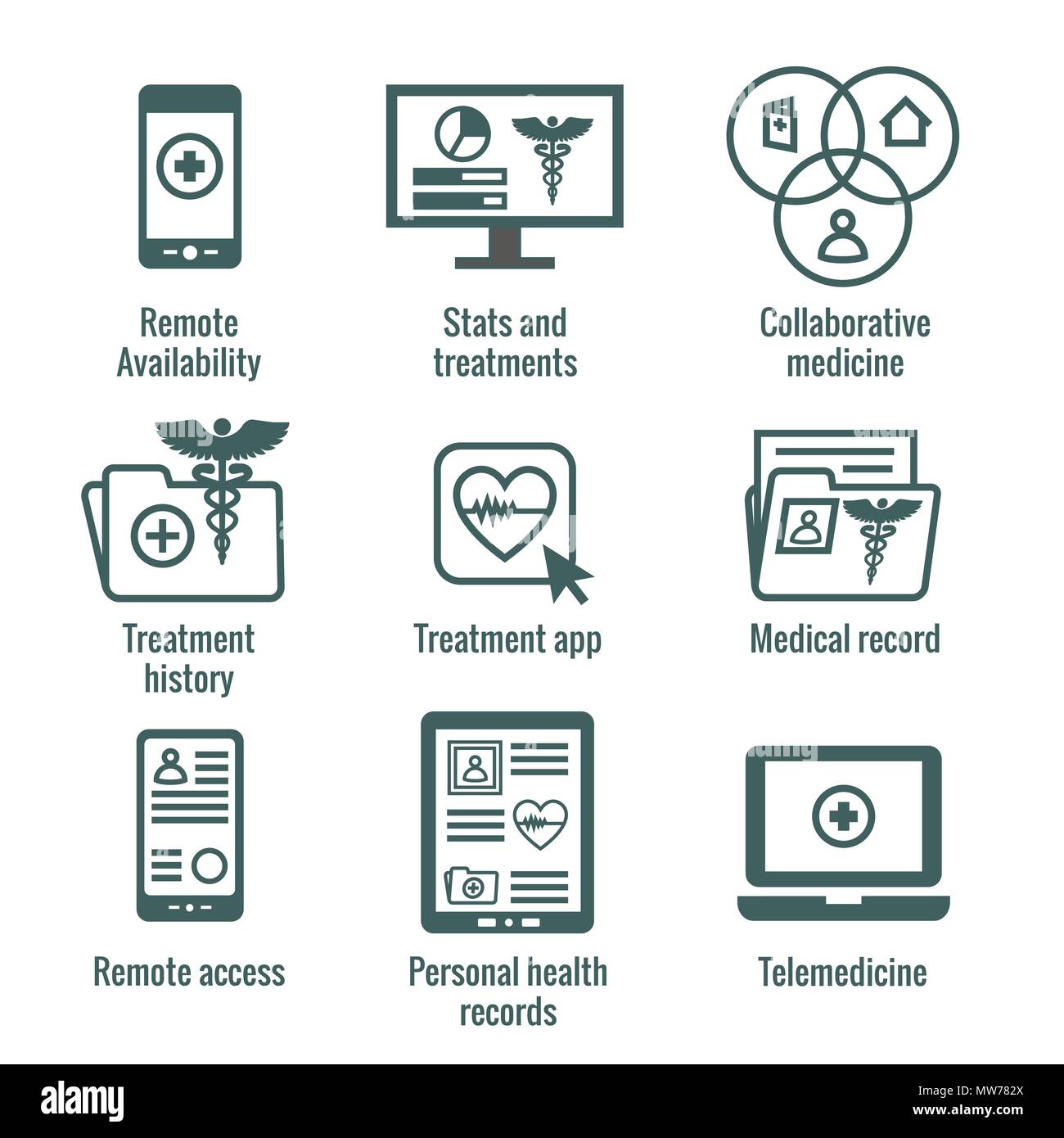 Telemedicine and Health Records Icon Set w Caduceus, file folders ...