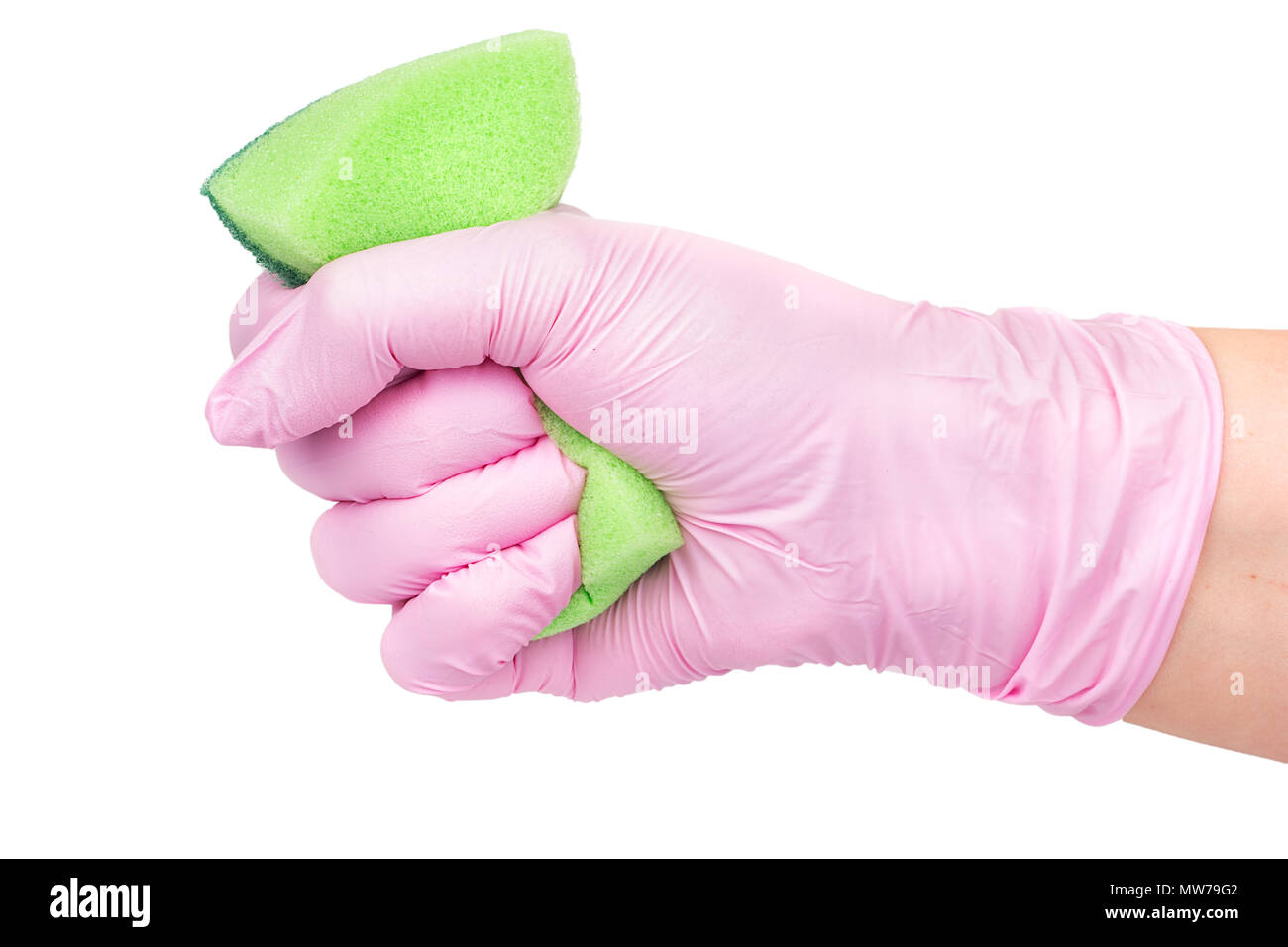 Hand in glove holding a green sponge for washing dishes on white ...