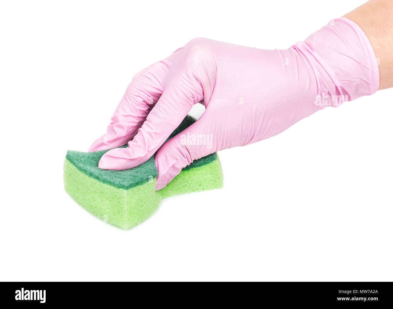 Womens gloved hand wipes the dust with a sponge on white background ...