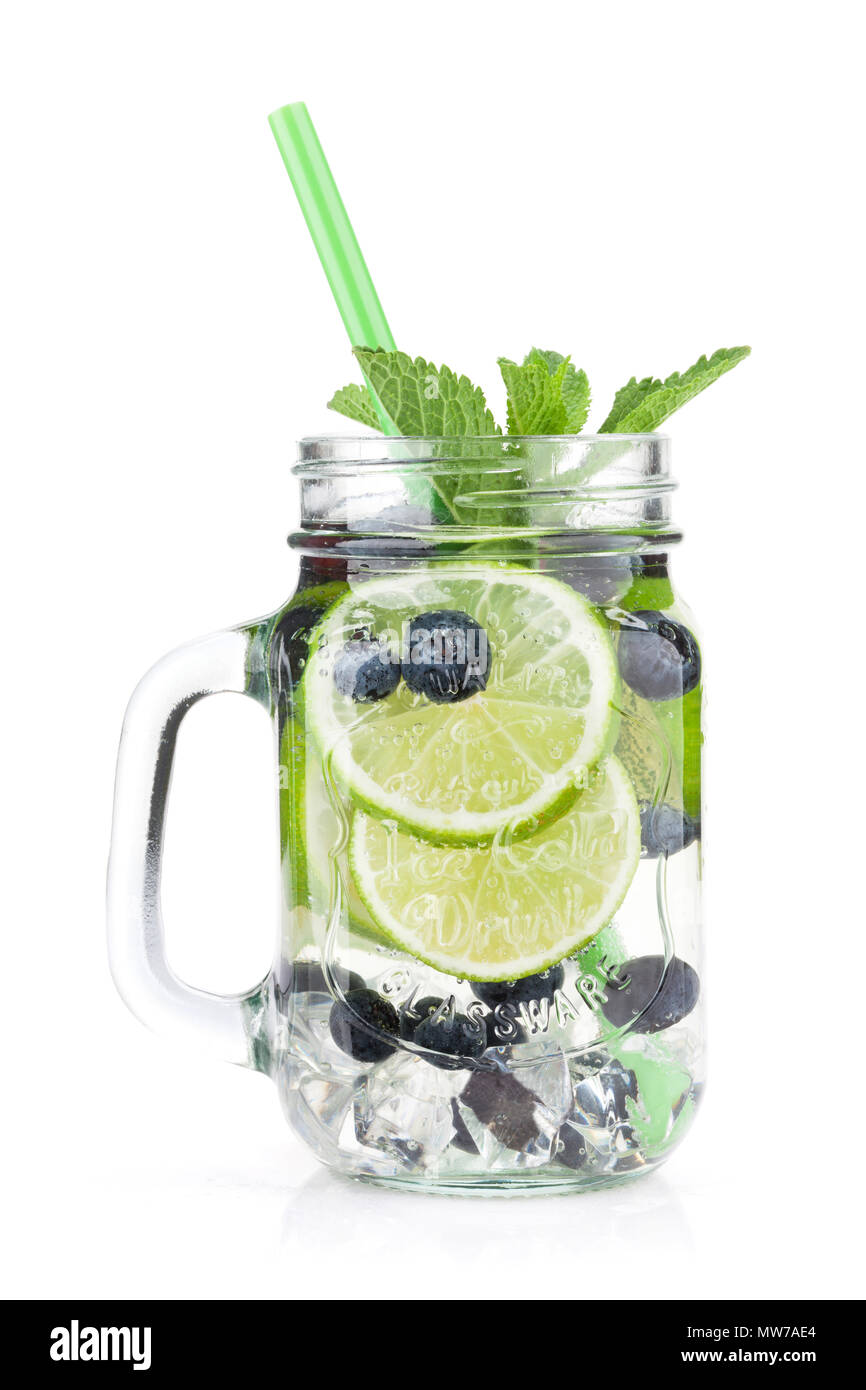 Fresh lemonade jar with summer fruits and berries. Isolated on white ...