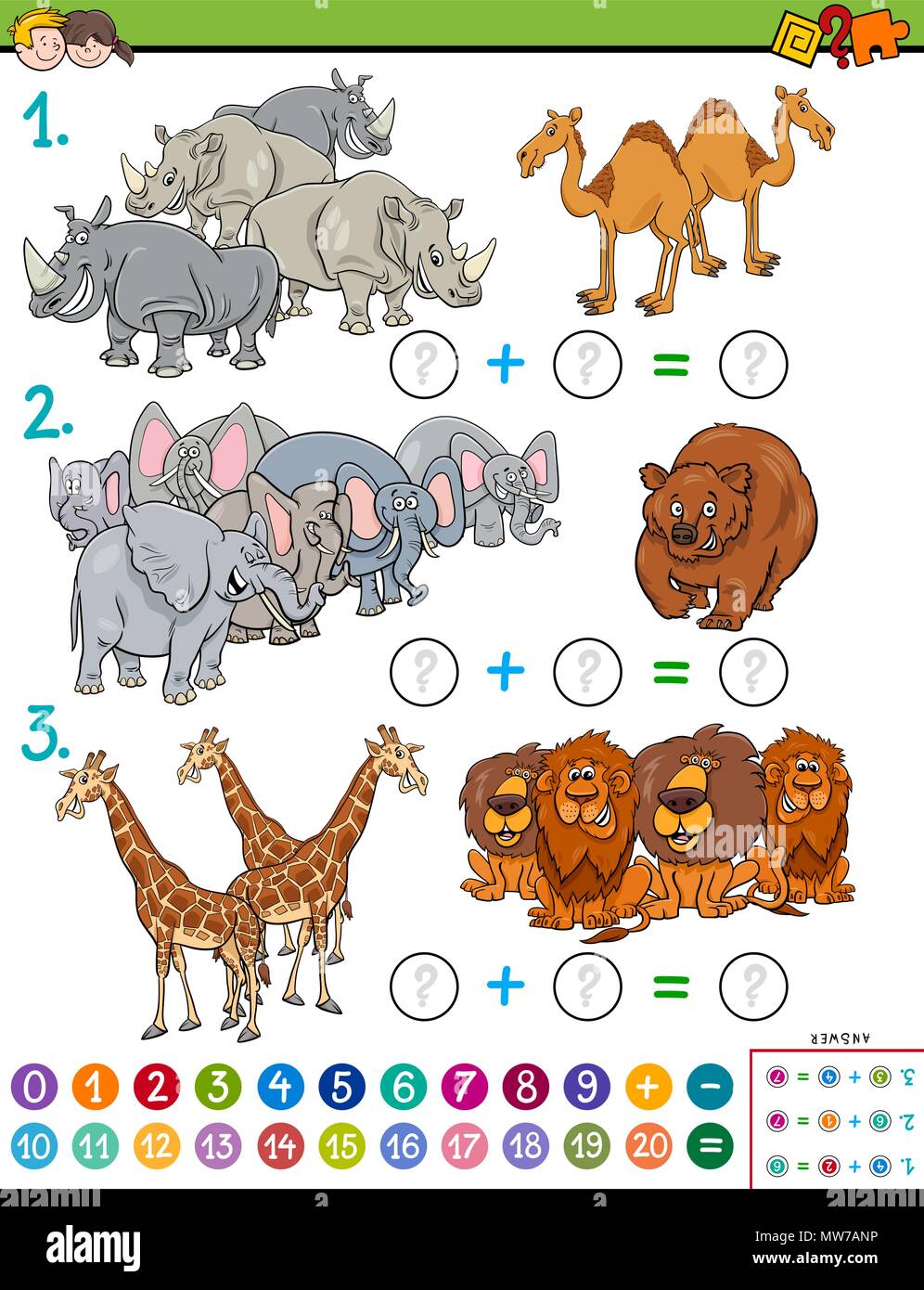 Cartoon Illustration of Educational Mathematical Addition Puzzle Game ...