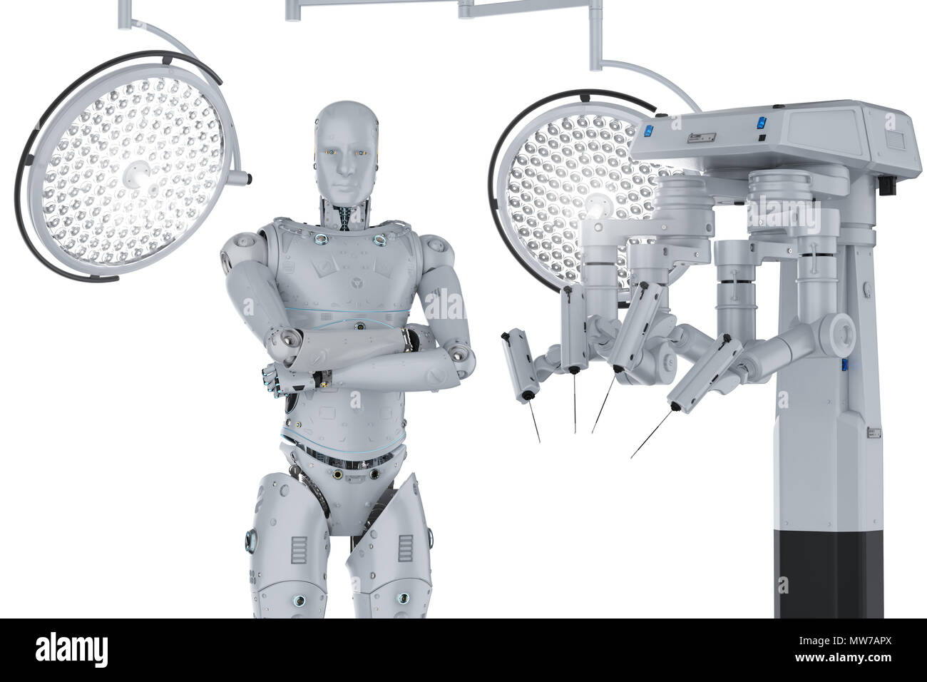 3d rendering robot surgery machine with cyborg and surgery lights on ...