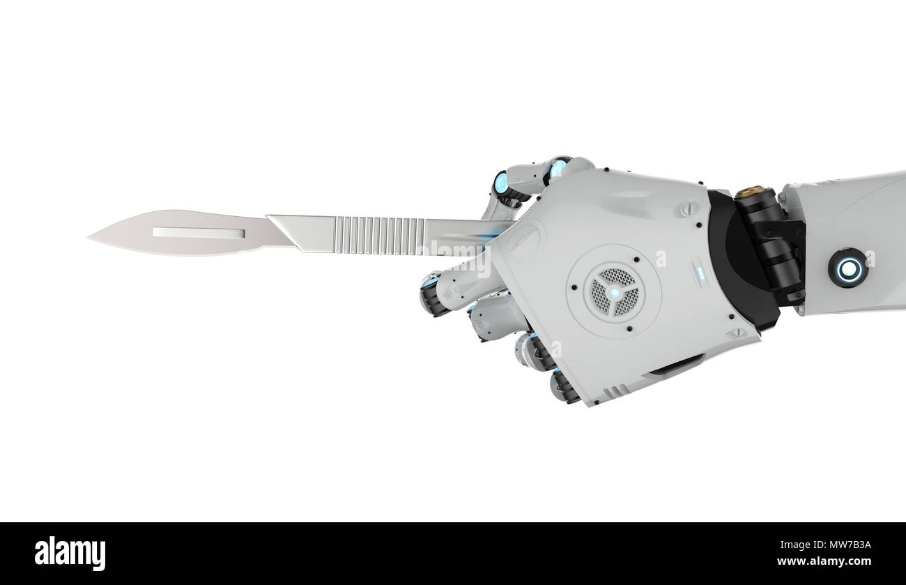 3d rendering robot hand holding scalpel or surgery knife isolated on ...