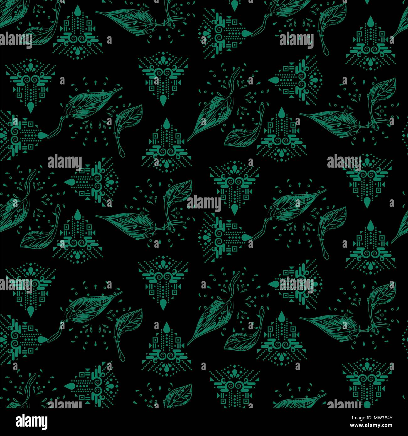 Dark green and black ethnic and foliage seamless vector pattern Stock ...
