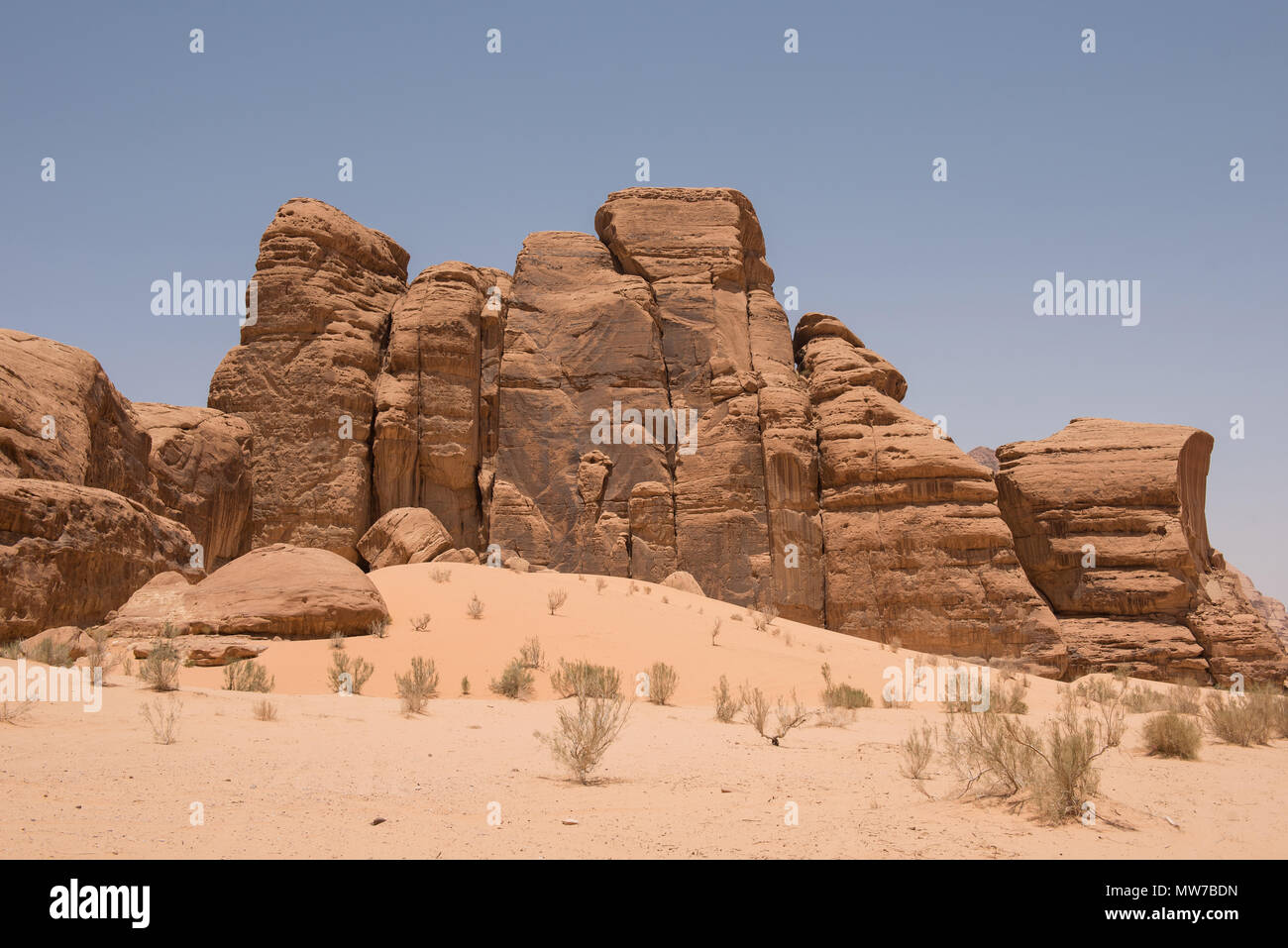Wadi Rum desert, Jordan. Sandstone cliffs and sand dunes in the desert ...