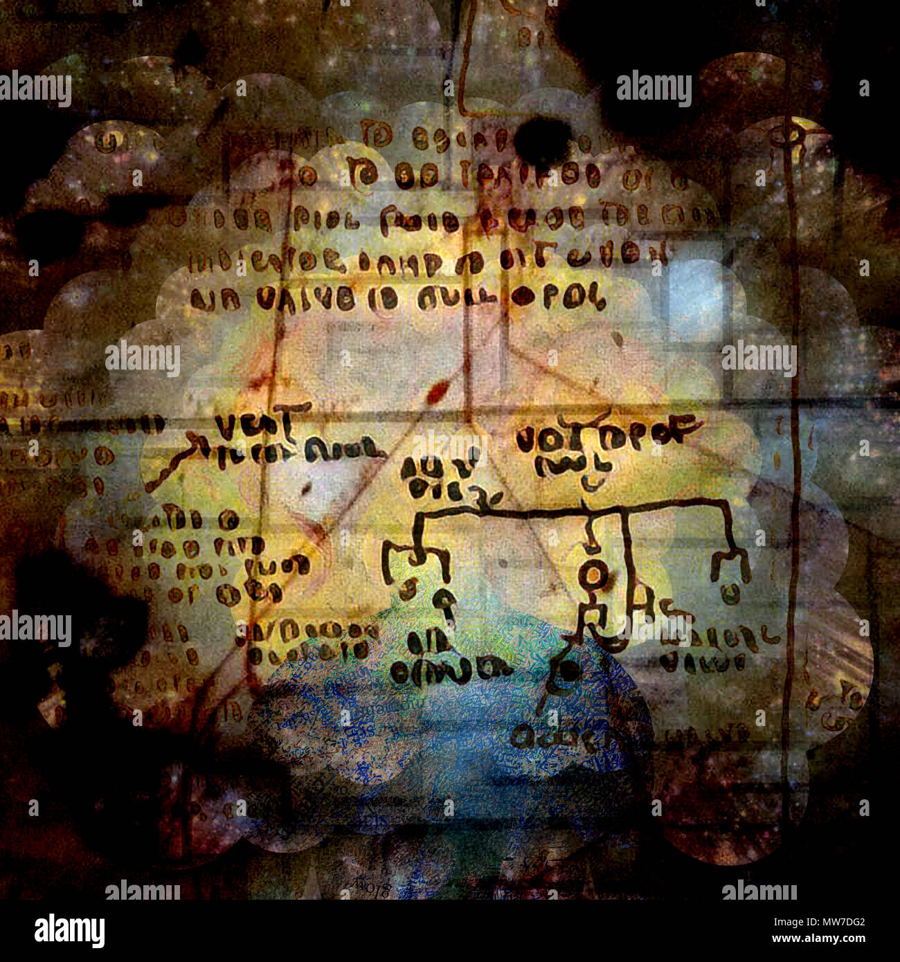 Surreal composition. Ancient script on the background Stock Photo - Alamy