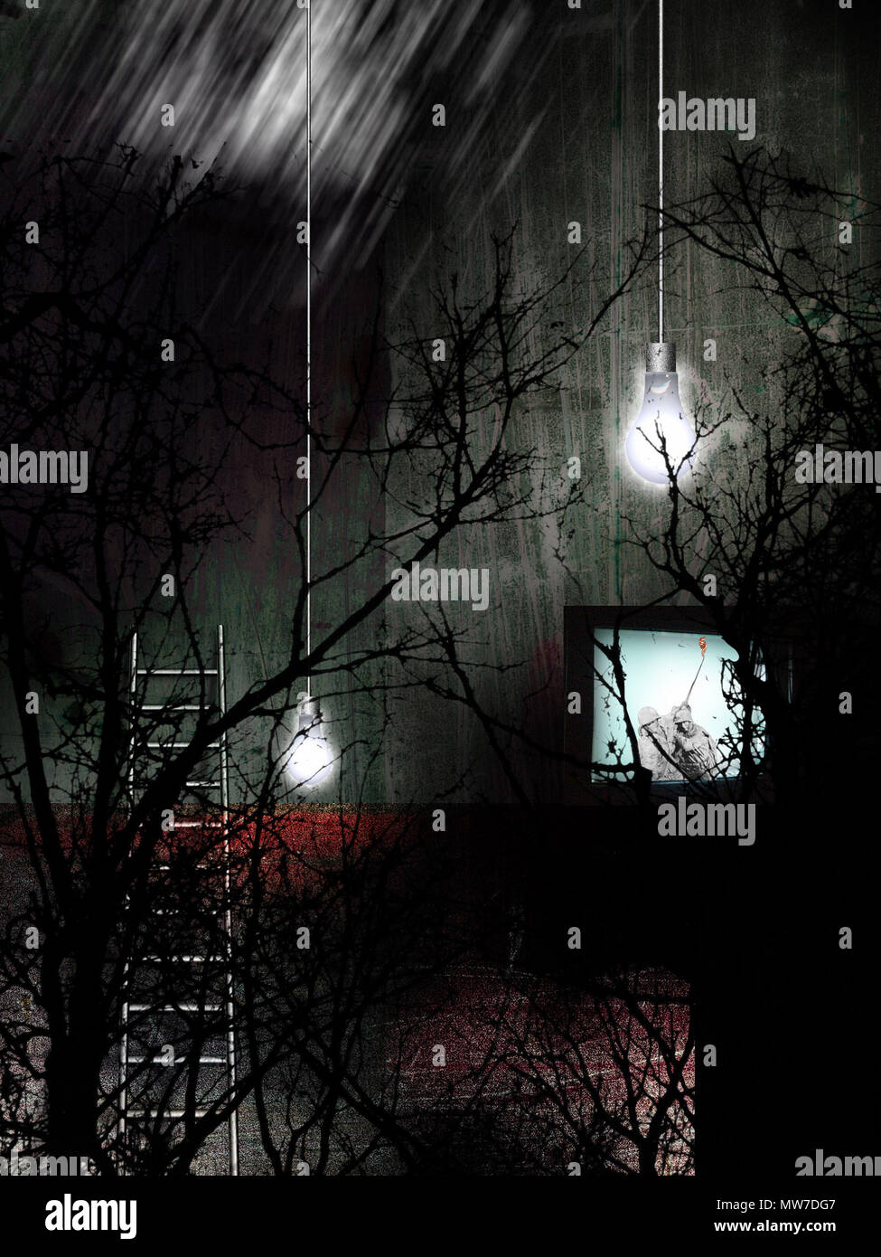 Symbolic scene. Dark trees, light bulbs. World War II movie on a TV ...