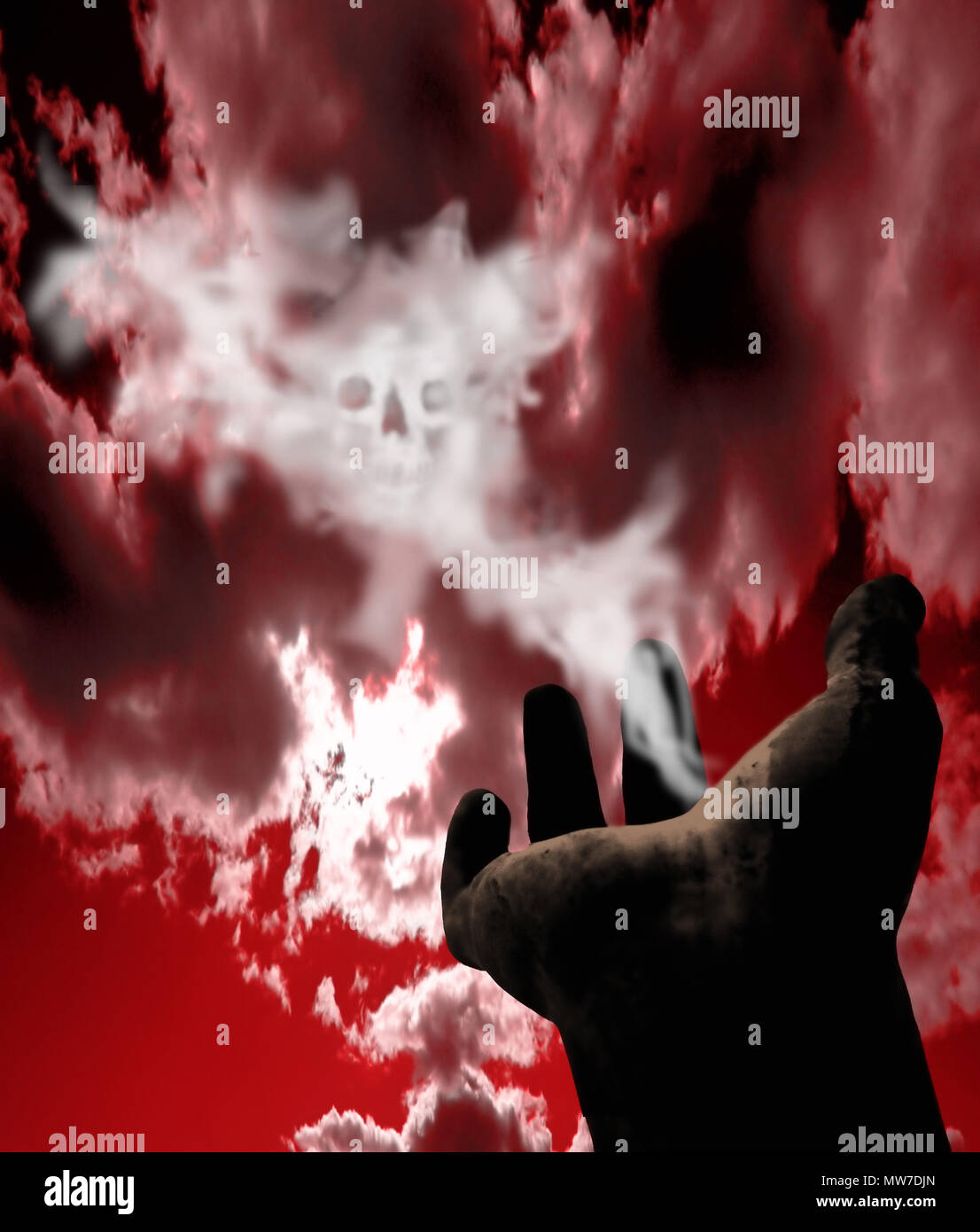 Plague hand, skull in red sky Stock Photo - Alamy