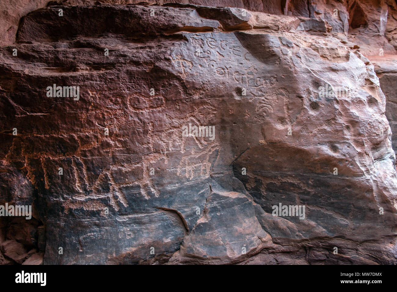 Ancient Nabatean and Thamudic inscriptions on rock representing camel ...