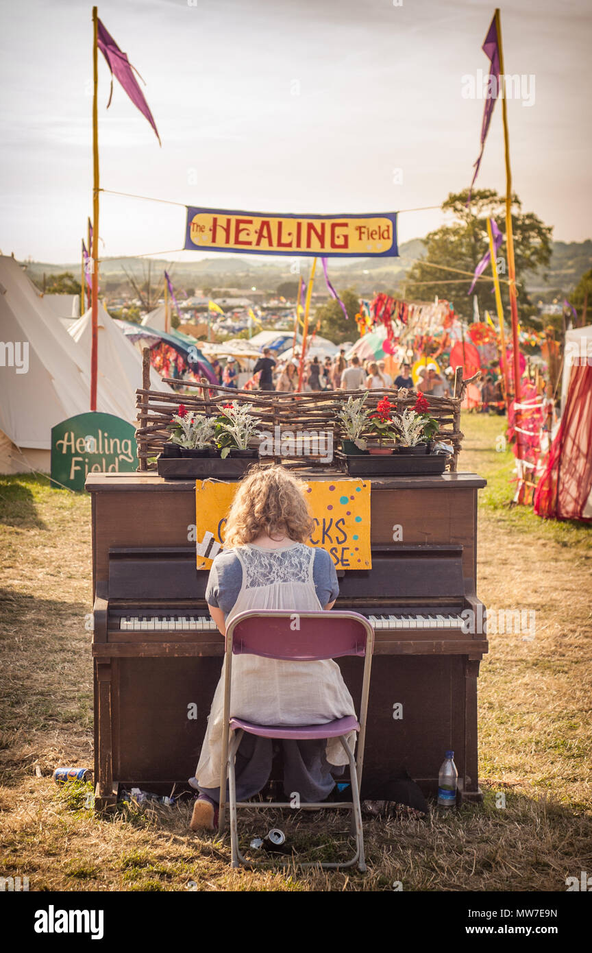 A performer at the Healing Field at the Glastonbury Festival 2015 Stock ...