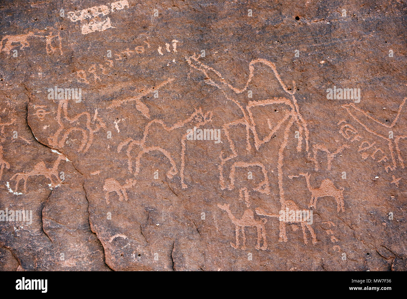Anfashieh prehistoric inscriptions and petroglyps on a stone wall. Rock ...
