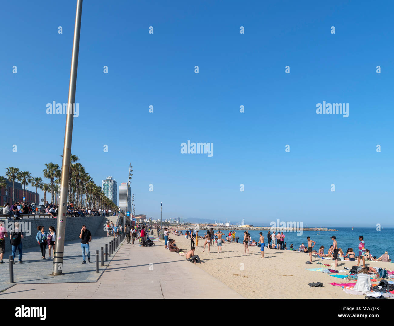 Barcelona beach. The beach and Passeig Maritim in La Barceloneta ...