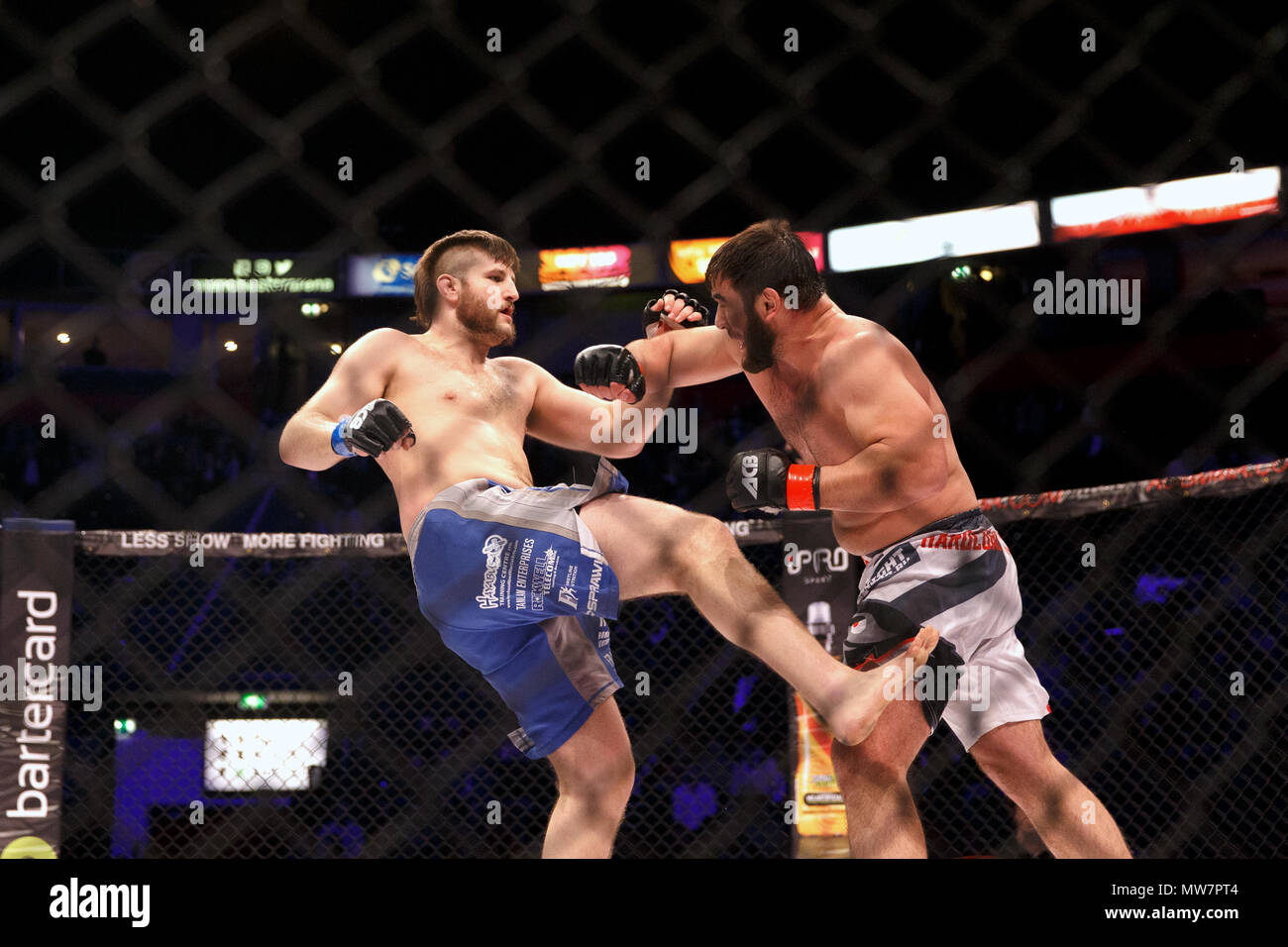 Tanner Boser (left) defends against Mukhomad Vakhaev (right) at ACB 54 in Manchester, UK ...