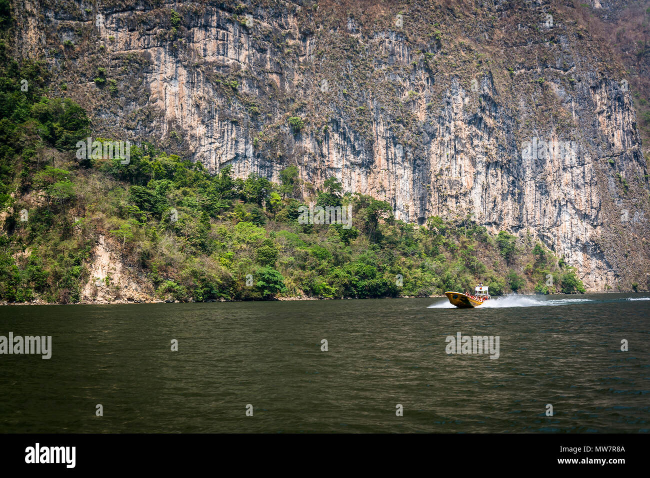 Speed boat with tourists charging through Sumidero Canyon, Chiapas ...