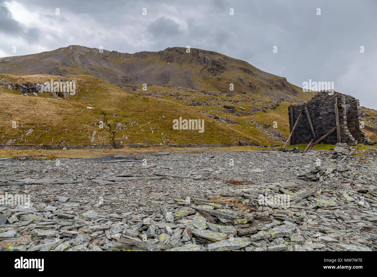 The now disused site of the former Croesor Slate Quarry with the summit ...