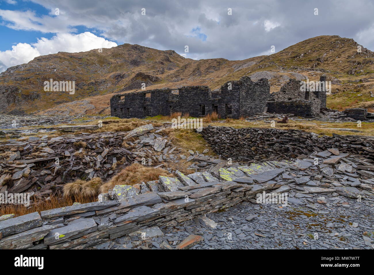 Derelict buildings stand on the now disused site of the former Rhosydd ...
