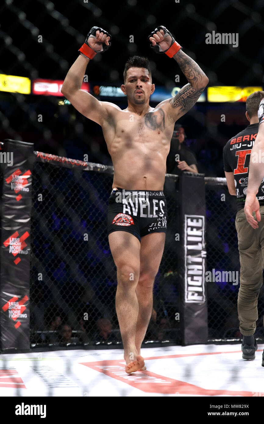 Joshua Aveles, Mixed Martial Artist, with his hands raised at ACB 54 in ...