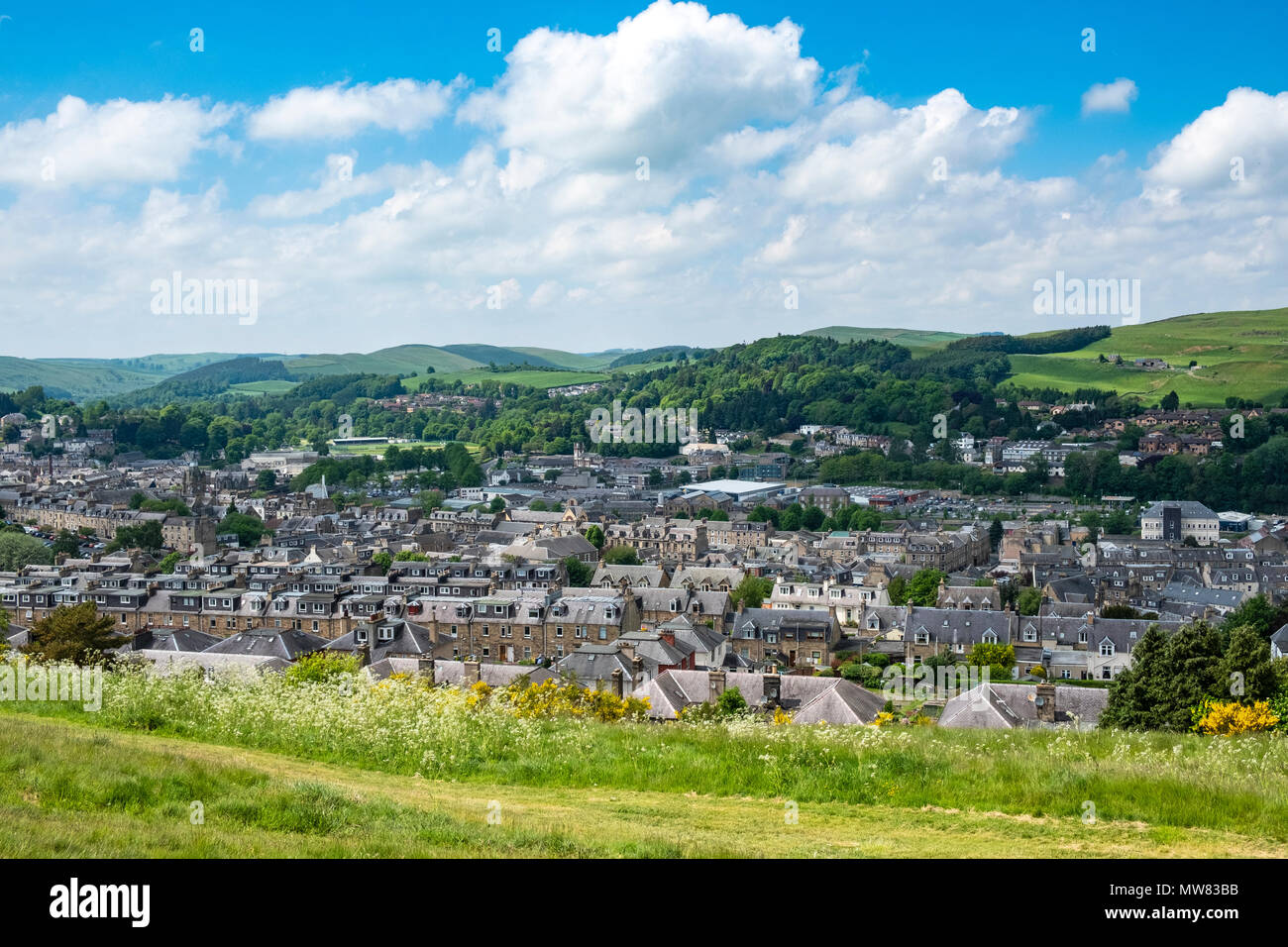 View over the town of Hawick in the Scottish Borders, Scotland, UK ...
