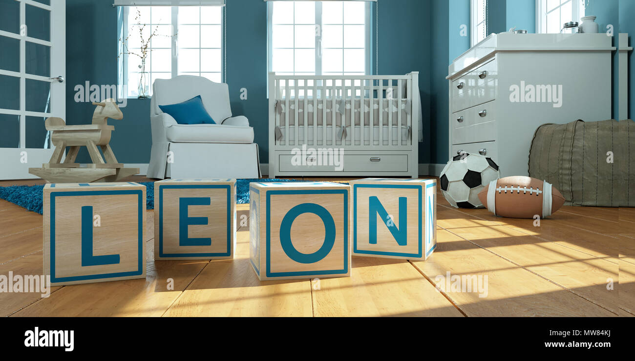 The name leon written with wooden toy cubes in children's room Stock ...