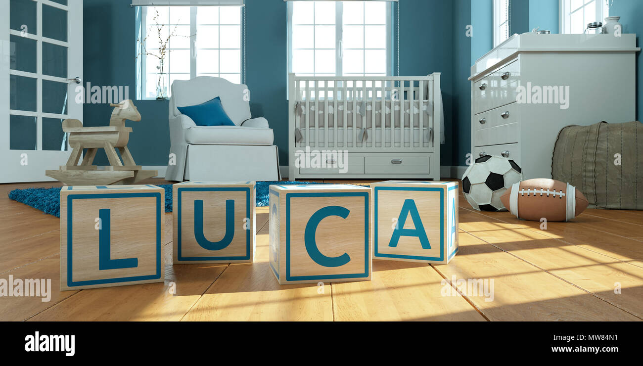 The name luca written with wooden toy cubes in children's room Stock ...