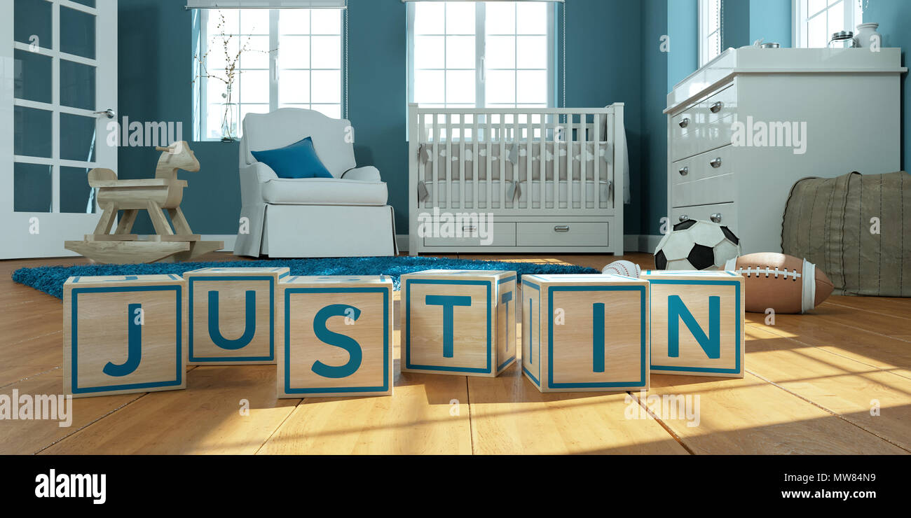 The name justin written with wooden toy cubes in children's room Stock ...