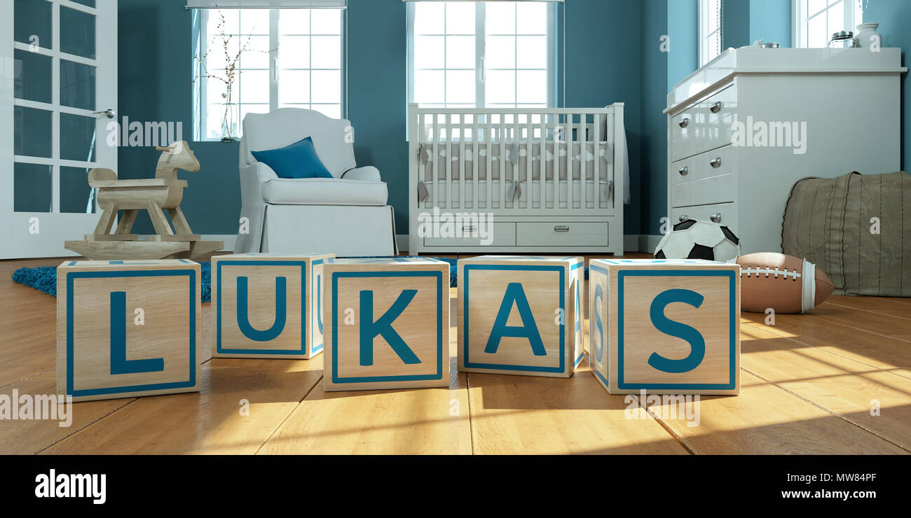 The name lukas written with wooden toy cubes in children's room Stock ...
