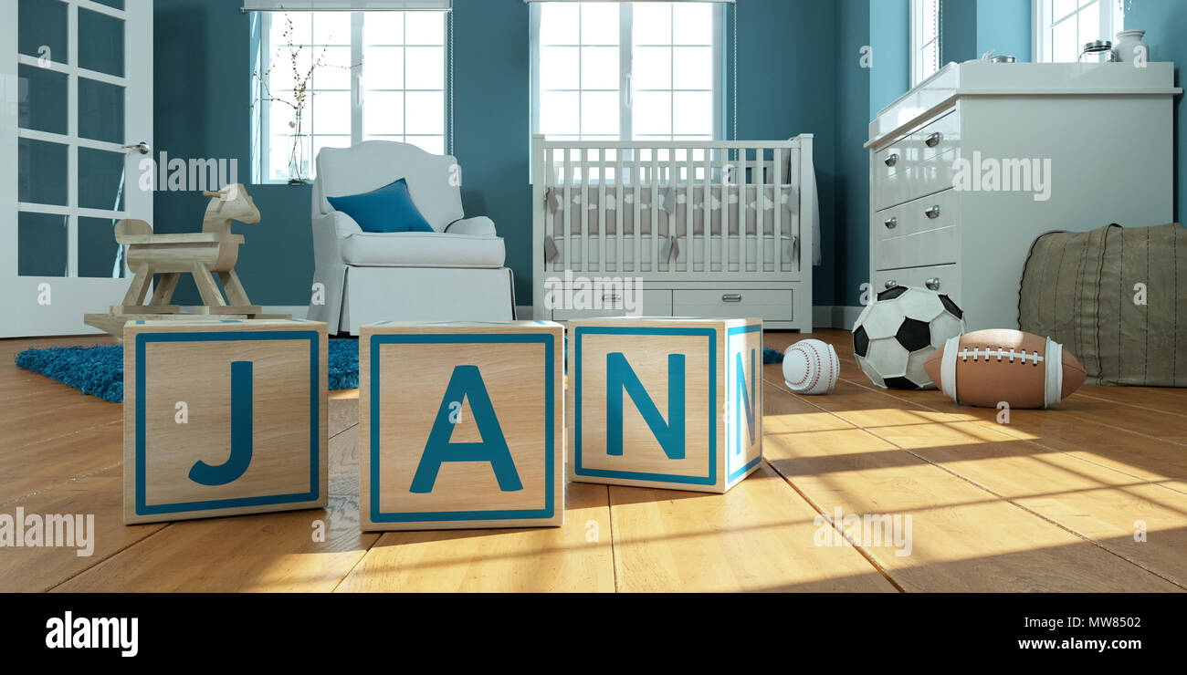 The name jan written with wooden toy cubes in children's room Stock ...