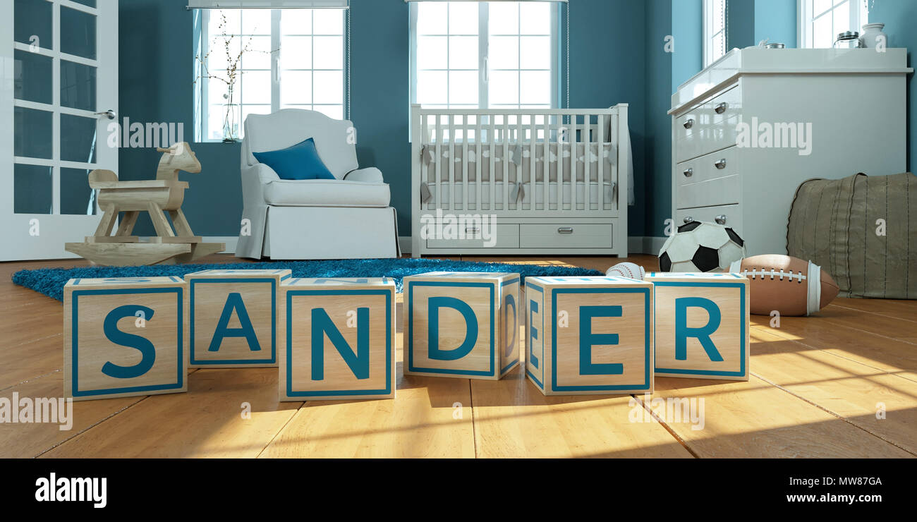The name sander written with wooden toy cubes in children's room Stock ...