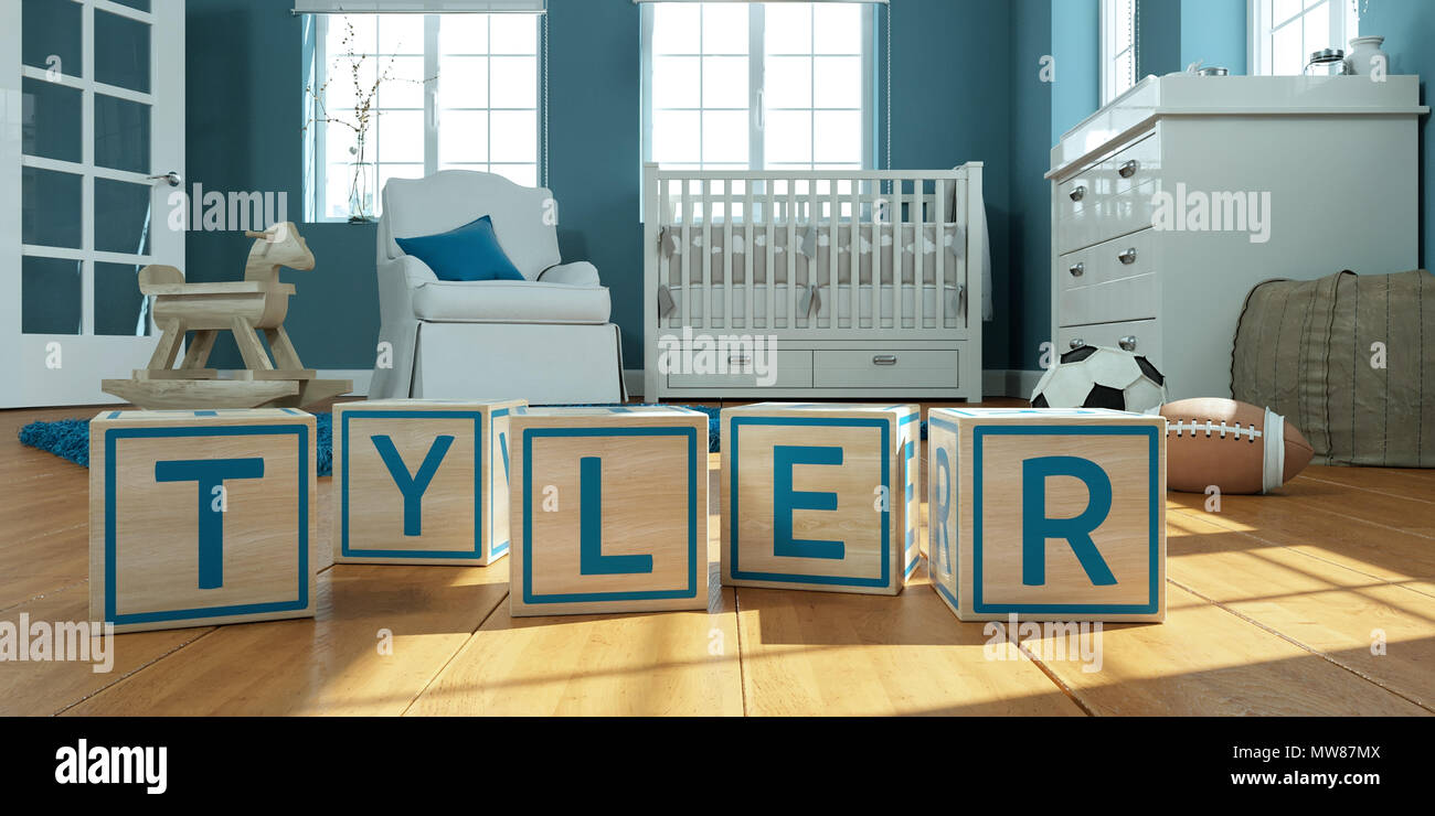 The name tyler written with wooden toy cubes in children's room Stock ...